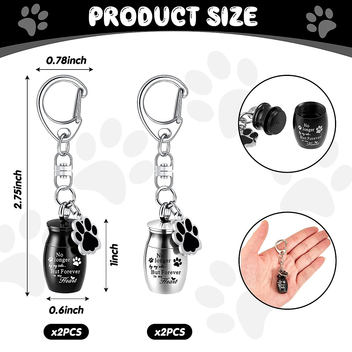 Sasylvia 4 Pcs Pet Urns Keychain Pet Ashes Keychain Dogs Keepsake Cremation Jewelry Stainless Steel Dog Paw Charm Ashes Holder with 4 Storage Bags for Cats Memorial