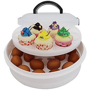 FEOOWV Portable Pie Cupcake Carrier with Lid and Tray 3-In-1 Round Cupcake Container Egg Holder Deviled Egg Tray Muffin Tart Cookie Food Keeper 10 Inch