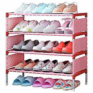 TZAMLI 4-Tier Free Standing Shoe Rack 12 Pairs Non-Woven Fabric of Shoes Organizer in Closet Entryway Hallway,Anti-Rust, Metal Frame and Fabric Shelves,22.8 x 10.6 x 25.2'' (Pink dots)