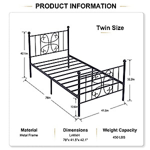 VECELO Twin Metal Platform Bed Frame Mattress Foundation with Iron-Art Headboard and Footboard, No Box Spring Needed, Noise-Free, Easy Assembly, Under Bed Storage