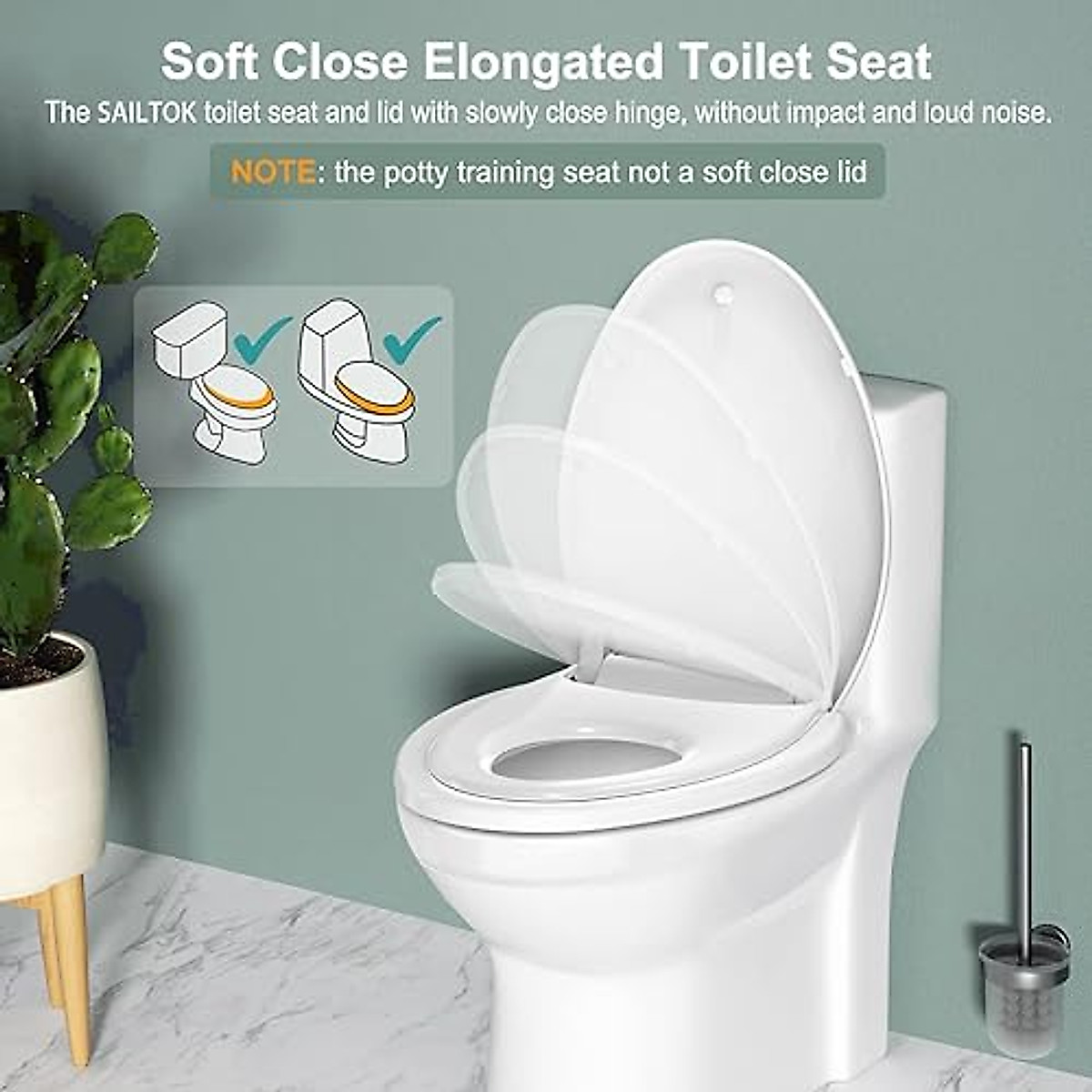 Toilet Seat, SAILTOK Elongated Toilet Seat with Built-In Potty Training Seat, and Never Loosen the Non-Slip Seat, No Slam Toilet Seat, Fit Standard Plastic Elongated Toilet Soft Close, White