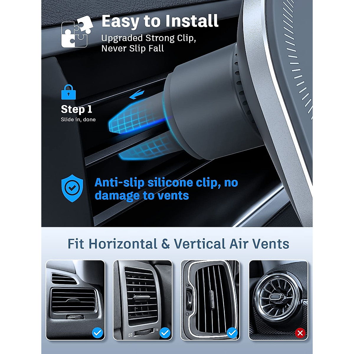 Hinyx MagSafe Car Mount-Strongest Magnet Power, Magnetic Phone Holder for Car Easily Install Air Vent Phone Mount for iPhone 15/14/13/12 Pro Max Mini Plus MagSafe Case & All Phones, with Metal Ring