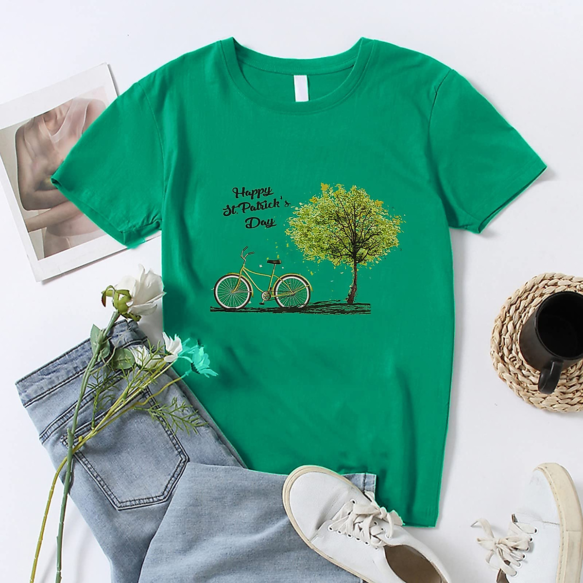 Women Green Graphic Tees Short Sleeve Novelty Leaves Shirt Tops Round Neck Loose Plus Size Summer Blouse