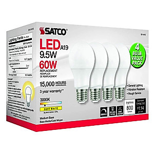 Satco 4.17 Inch 9.5W A19 LED Medium Base Replacement Lamp (Pack of 4)-3000 Color Temperature-Frosted Finish