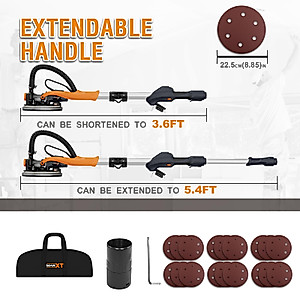 MAXXT Drywall Sander with Vacuum Dust Collection, Popcorn Ceiling Removal Tool, 6 Variable Speed Foldable Telescopic Electric Wall Sander, 600-1900RPM Power Sander Tool, LED Light, 18Pcs Sanding Discs