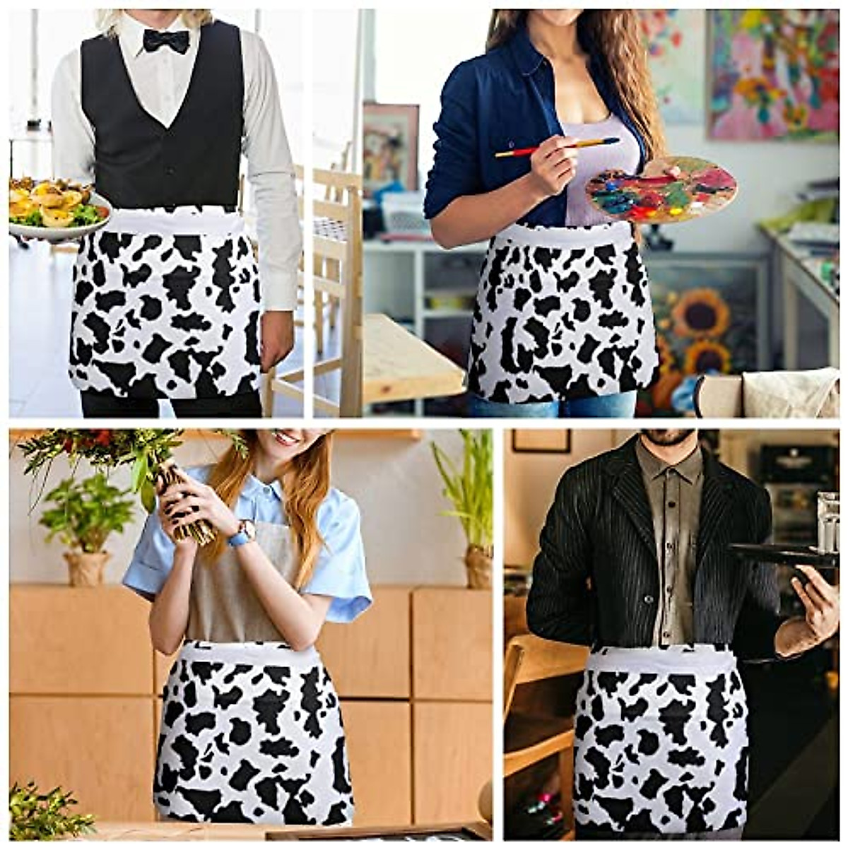 SLNFDKND Cow Print Apron with 3 Pockets Waiter Server Half Apron for Women Men Serving Restaurant Chef Adjustable Apron