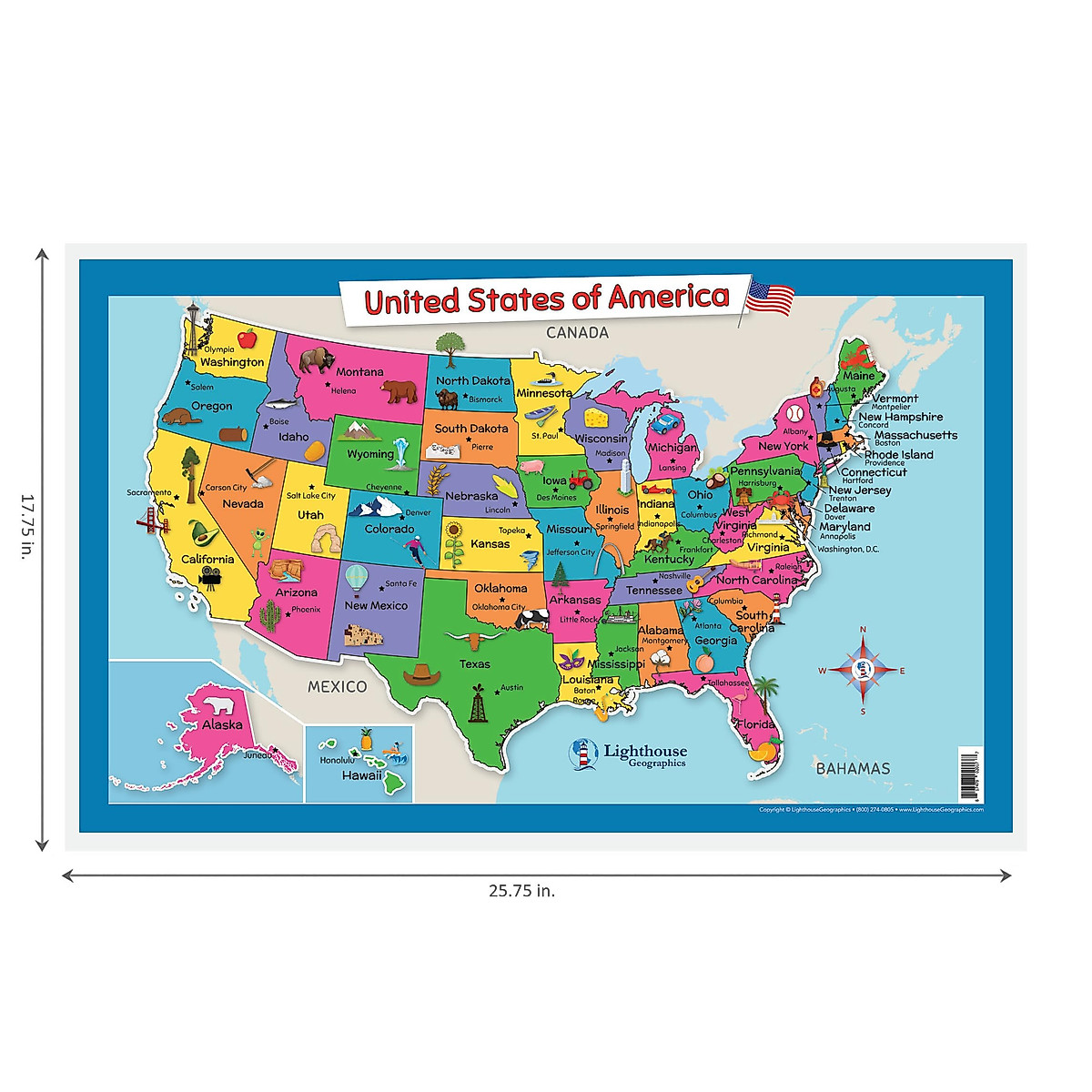USA Wall Map for Kids with Illustrations- United States Poster Map for Home or Classroom, (18” x 29” Laminated)
