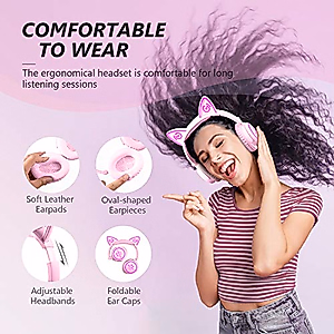Mindkoo Cat Ear Bluetooth Headphones Pink, LED Light Up Over Ear Wireless Headphones with Microphone, Comfort Foldable Headset for Kids & Adults