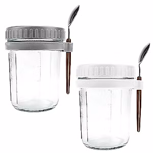 TSLBW 2 Pcs Overnight Oats Jars with Lid and Spoon 12 oz Glass Mason Overnight Oats Jars Breakfast Jars Overnight Oats Container with Measurement Marks Overnight Oats Pot for Milk Cereal Fruit