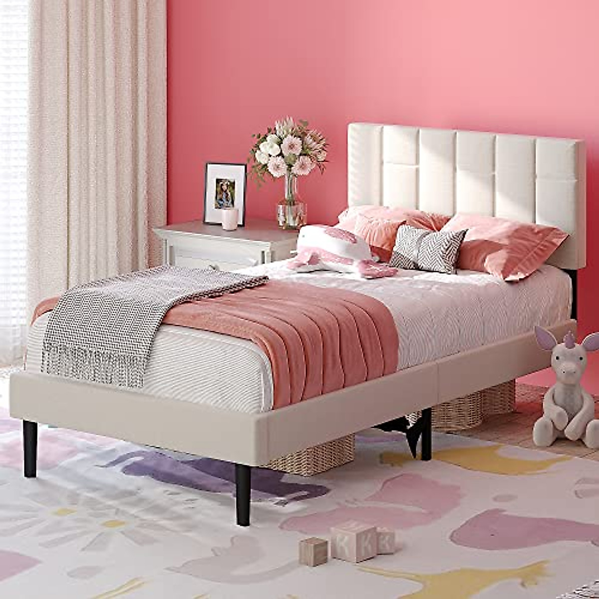 LIKIMIO Twin Platform Bed Frame, Modern Upholstered Bed with Headboard and Wood Slat Support, Noise-Free, No Box Spring Needed, Beige