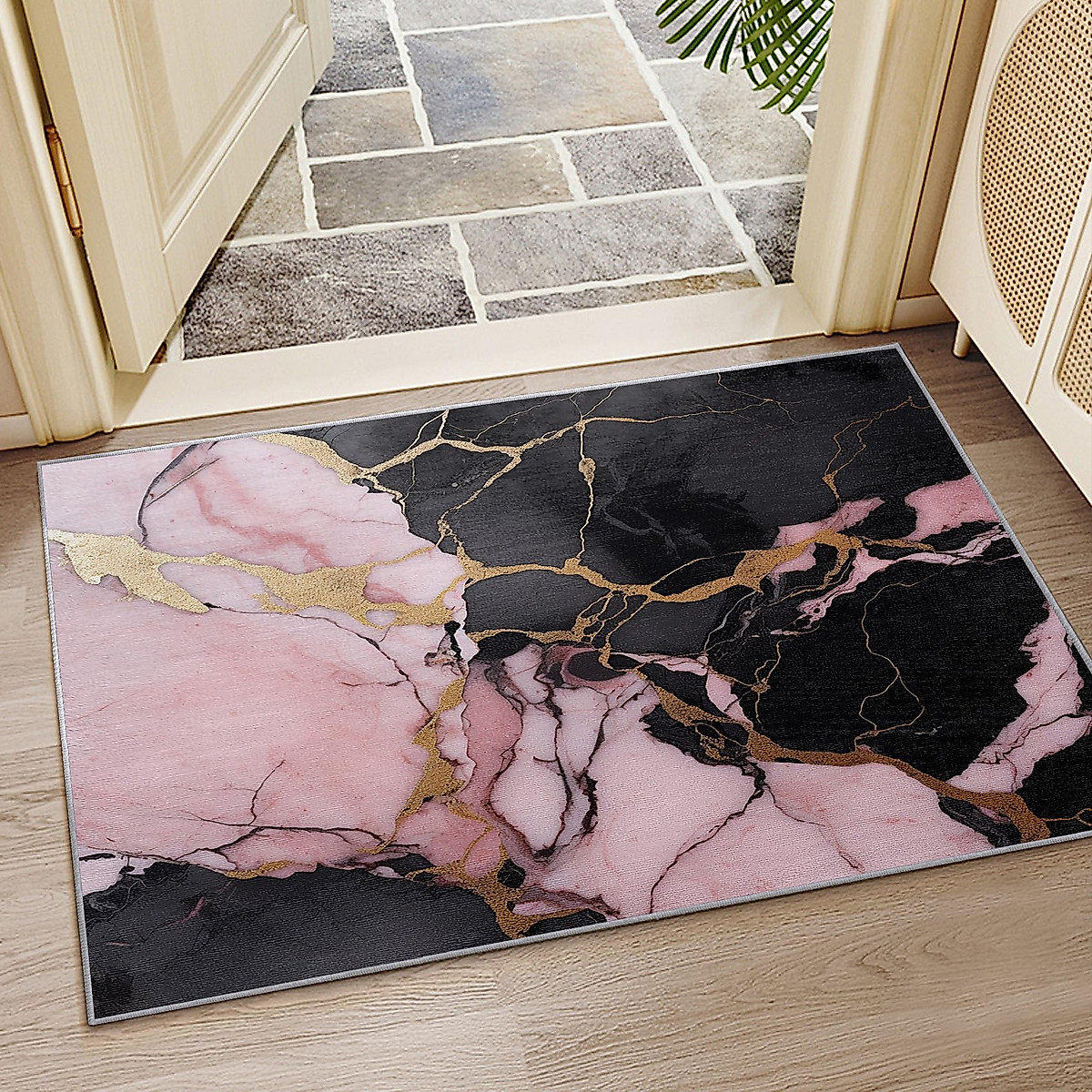 Yoozitrees Marble Rugs for Bedroom - Marble Rug, 2x3 Rug, Pink Gold Black Area Rug, Abstract Modern Luxury Door Mat, Washable & Non Slip & Soft Small Carpet, Marble Home Decor Gifts