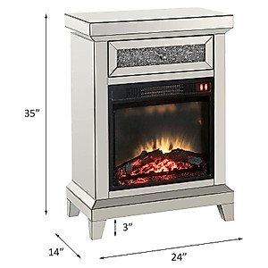 Acme Noralie Wooden Electric Fireplace with Drawer in Mirrored and Faux Diamonds