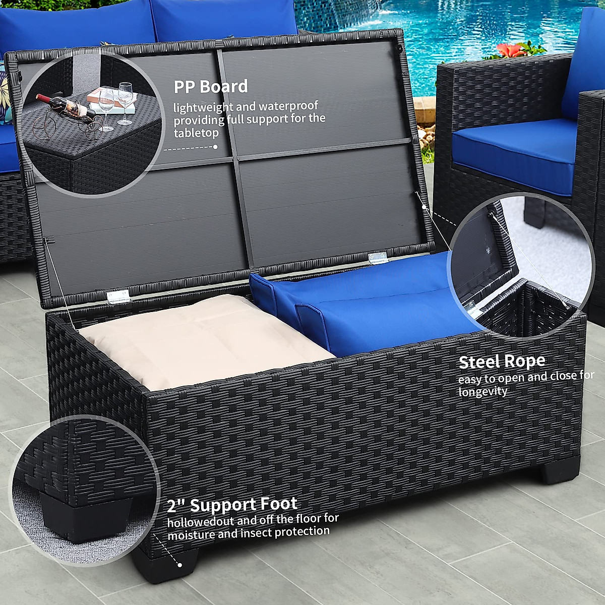 6 Pieces Patio Wicker Furniture Set Outdoor PE Rattan Conversation Couch Sectional Chair Sofa Set with Royal Blue Cushions