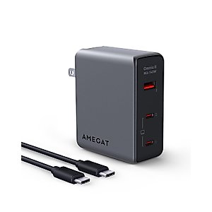 AMEGAT 140W USB C Charger, PD3.1 PPS 3-Port Fast GaN III Laptop Wall Charger, Foldable Plug Power Adapter for MacBook Pro 16'', Dell XPS, iPad Pro, iPhone 15 Pro, Galaxy, Chromebook(with 240W Cable)
