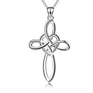 YFN Celtic Knot Cross Necklace 18k White Gold Tone Sterling Silver Infinity Love Heart Pendant Necklace 20" for Women
