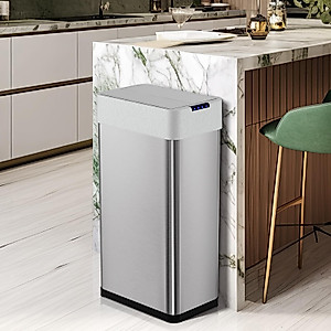 Arlopu 18.5 Gal Automatic Trash Can, 70L Stainless Steel Motion Sensor Garbage Bin, Touchless Brushed Wastebasket, W/Butterfly, Soft-Close Lid, for Living, Dinning Room, Kitchen (Silver)