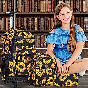 Rolling Backpack for Girls, 21 Inch Roller Wheeled Sunflower Flowers Bookbag for Students School, Water Resistant Elementary Travel Backpacks with Wheels
