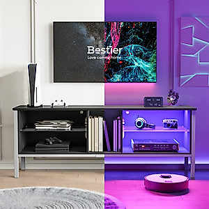 Bestier Gaming Entertainment Center for 65+ Inch TV with LED Lights & Adjustable Glass Shelves, Modern TV Stand Media Console, Fits TVs up to 75 Inch, Black Carbon Fiber Ideal for Living Room