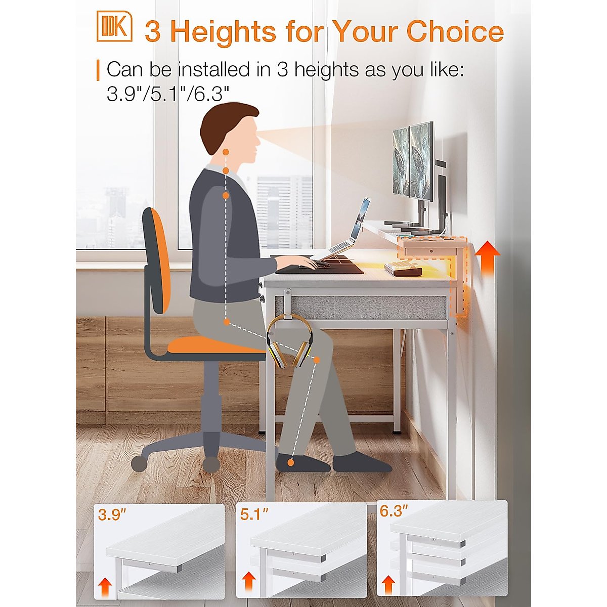ODK 48 Inch Computer Desk with 3 Drawers and USB Power Outlets, Home Office Desks with LED Lights and Adjustable Monitor Stand, Work from Home, Modern Work/Writing/Study Table for Bedroom, White