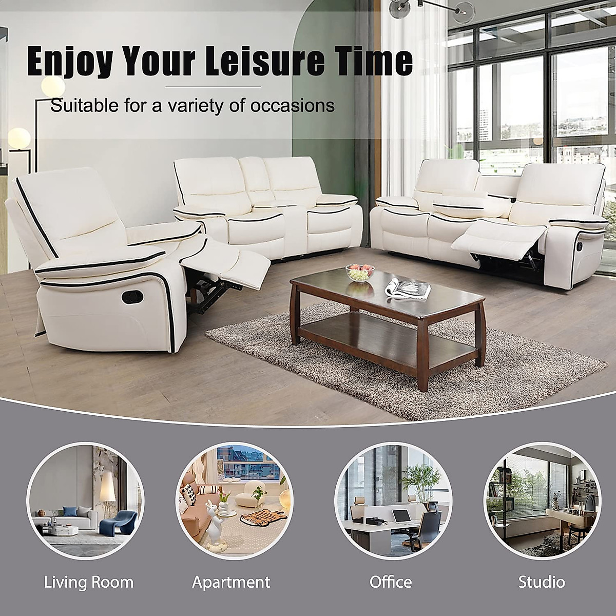 GEBADOL Manual Recliner Sofa Set, Bonded Leather Sofa with Reclining Seaters, Reclining Couch Set with Storage Console and Cup Holders for Living Room/Bedroom/Office/Apartment, Creamy-White