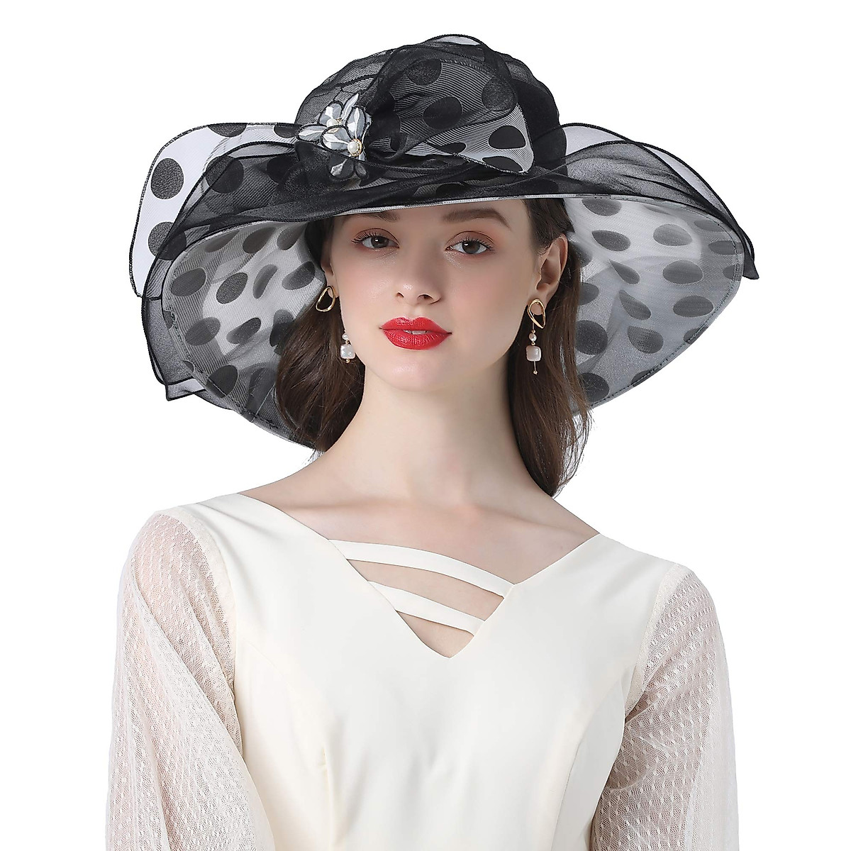ORIDOOR Women’s Organza Church Tea Party Wedding Fascinator Hat UV-Anti Wide Brim Sun Hats Hat A4-Black …