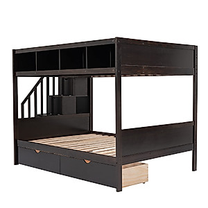 Harper & Bright Designs Twin Over Full Bunk Bed with Stairs and Built-in Storage Cabinets, Wood Bunk Beds Twin Over Full Size with 2 Storage Drawers for Kids Girls Boys,Espresso