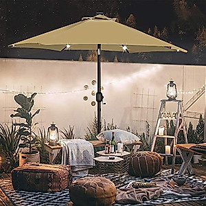 Blissun 7.5 ft Solar Umbrella 18 LED Lighted Patio Umbrella Table Market Umbrella with Tilt and Crank Outdoor Umbrella for Garden, Deck, Backyard, Pool and Beach, Tan