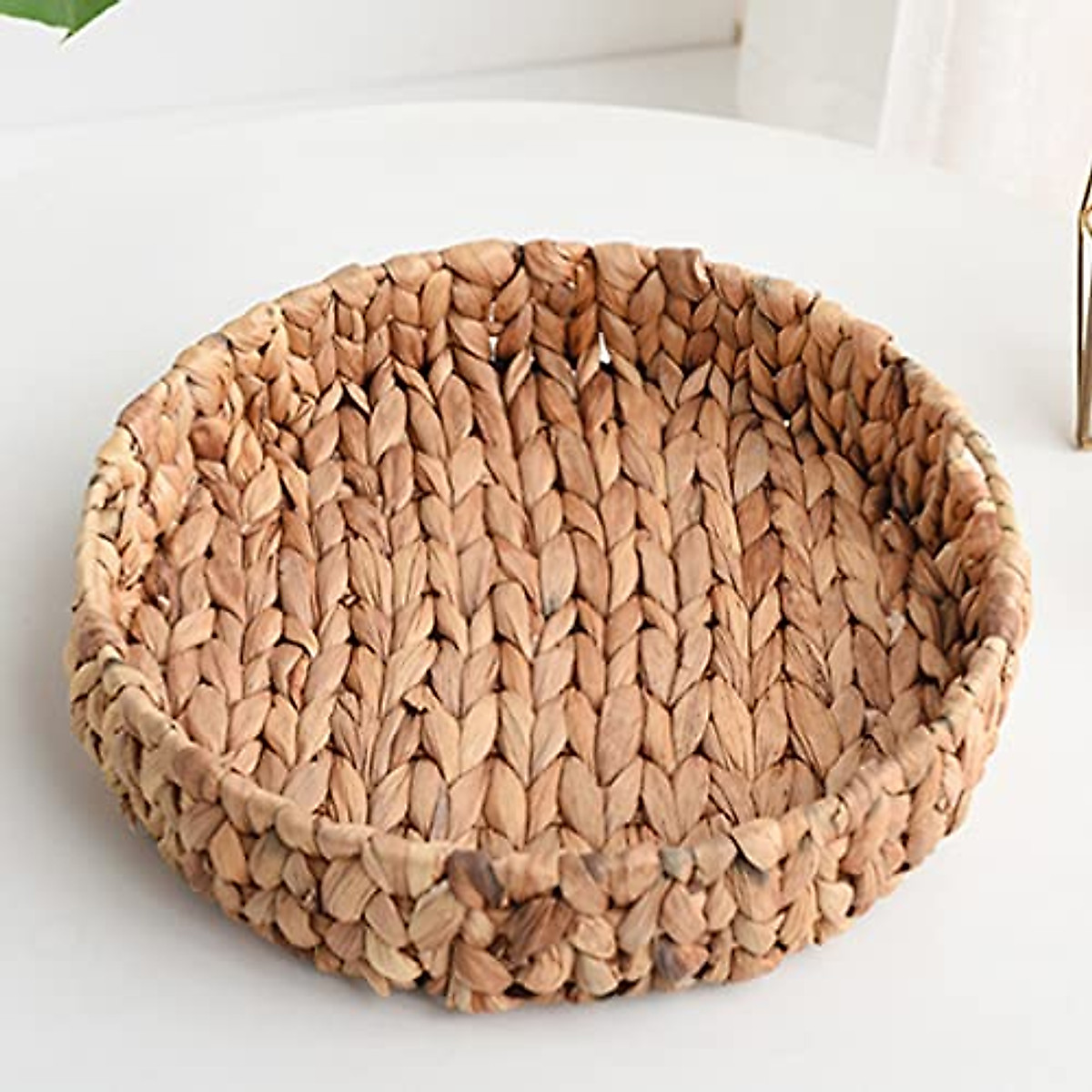 OUNONA Woven Round Fruit Tray Bread Serving Basket Water Hyacinth Storage Baskets Handmade Tabletop Storage Holder Tray Rustic Ottoman Tray for Dinner Breakfast Drinks Snack