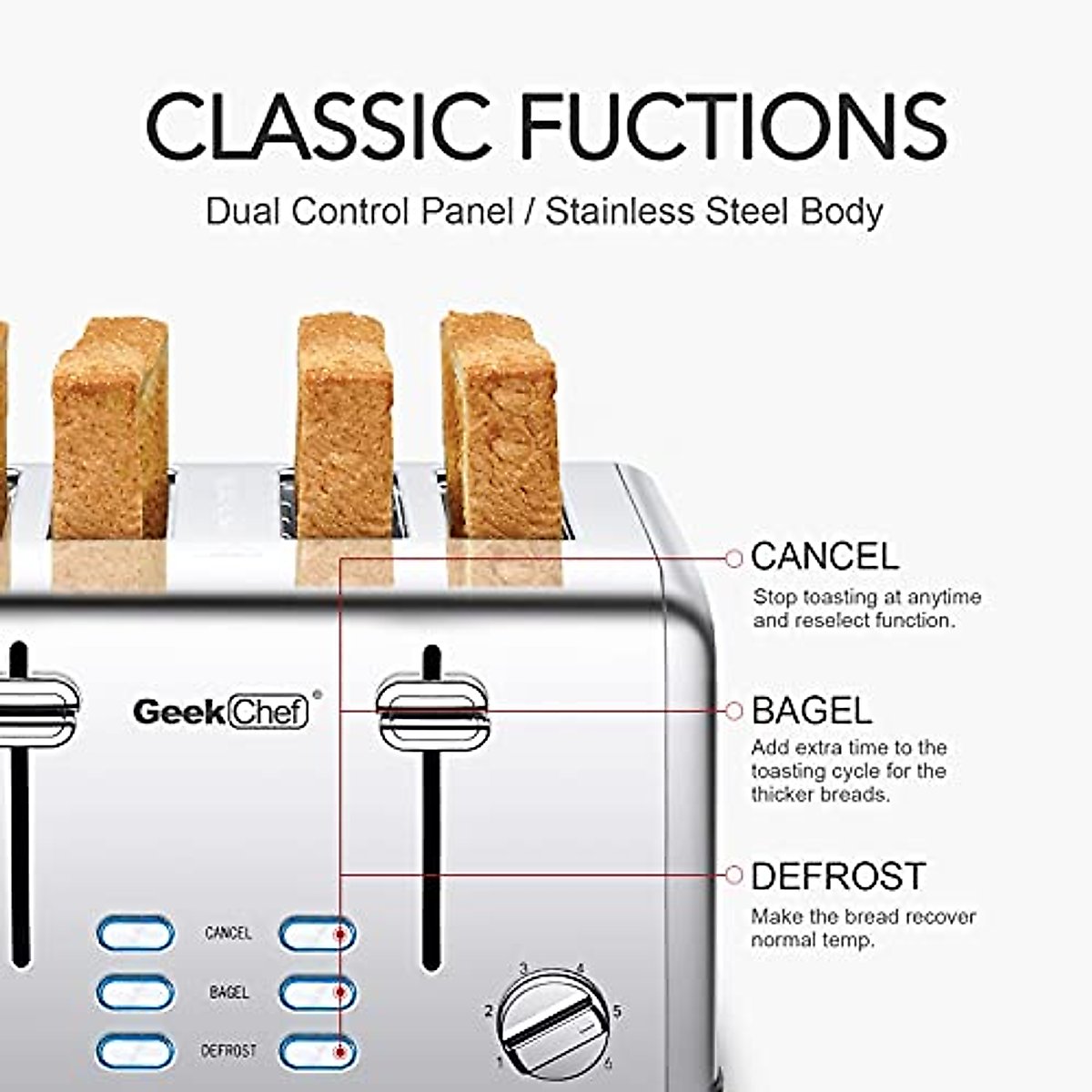 Geek Chef 4 Slice toaster, Best Rated Prime Retro Bagel Toaster with 6 Bread Shade Settings, 4 Extra Wide Slots, Defrost/Bagel/Cancel Function, Removable Crumb Tray, Stainless Steel Toaster (4 slice stainless steel （classic）)