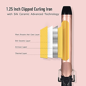 Lanvier 1.25 Inch Clipped Curling Iron with Extra Long Tourmaline Ceramic Barrel, Professional Hair Curler up to 450°F Dual Voltage for Traveling, Hair Waving Style Tool for Girls & Women-Rose Gold