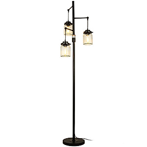 Stepeak Industrial Floor Lamp, Farmhouse Rustic Floor Lamp with 3 Glass Shades, Tall Standing Lamps with Dimmable Switch, Sturdy Base, Black Floor Lamps for Living Room Bedroom Office Home