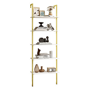 Panana Industrial 5 Tier Ladder Shelf, Open Space Book Shelf Wall Mount Bookshelf with Metal Frame Sturdy Bookcase for Living Room (White, 5 Tier)