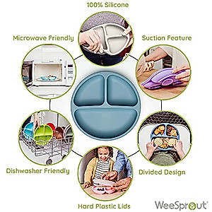 Silicone Baby Feeding Set w/ Suction Divided Plates with Lids, Suction Bowls, Drinking Cups, & Baby Spoons - 100% Food-Grade Baby Led Weaning Supplies - Dishwasher & Microwave Safe Baby Tableware