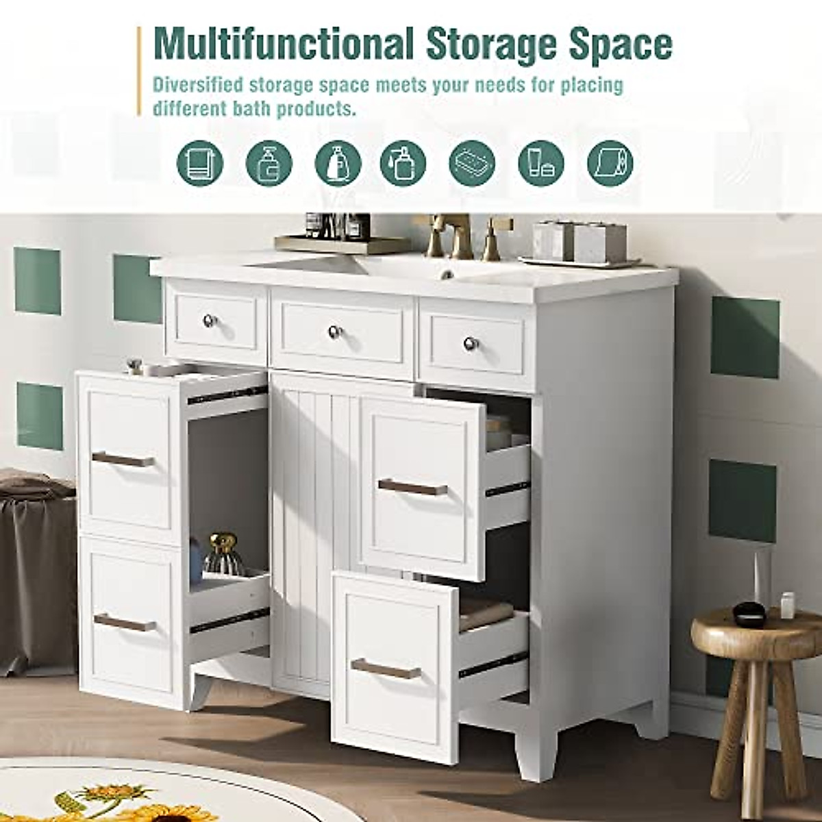 DHHU 36" Vanity Top Combo Set, Single Sink, Shaker Soft Closing Door and Drawer, Bathroom Storage Cabinet, Solid Wood Frame, White