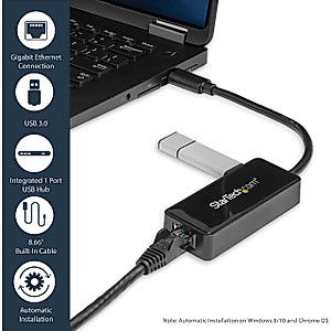 StarTech.com USB 3.0 Ethernet Adapter - USB 3.0 Network Adapter NIC with USB Port - USB to RJ45 - USB Passthrough (USB31000SPTB), Black, 0.7" x 1.4" x 5" x 5"