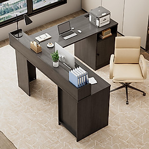 MU L Shaped Desk with LED Lights & Power Outlets, 60" Corner Computer Desk with File Drawers & Monitor Stand, Wood Home Office Desk with Storage Cabinet, Grey