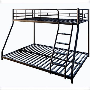 Majnesvon Heavy Duty Metal Bunk Bed Twin Over Full Size, Heavy Duty Floor Bunk Beds Frame with Enhanced Upper-Level Guardrail (Black)