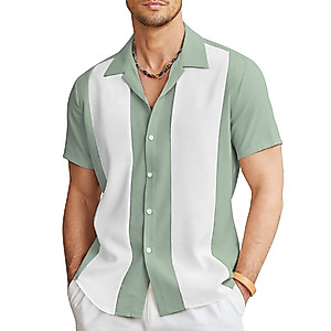 COOFANDY Vintage Mens Bowling Shirts Button Up Vacation Shirts Loose Fit Short Sleeve Shirts Green White