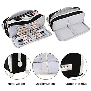 iSuperb 3 Compartments Pencil Case Pouch Big Capacity Pencil Holder Oxford Storage Cosmetic Makeup Bag for Women (Black)