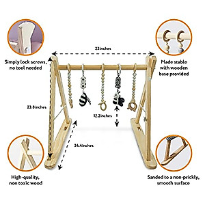 Foldable Wooden Baby Play Gym+Animal Sensory Hanging Rattle Toys(2 PCS)+Baby Teething Toys(3 PCS), with Babies Visual/Cognitive/Sensory Stimulation-for Babies 0-12 Month