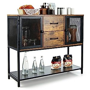 QZWCQ Buffet Storage Cabinet, 39" Kitchen Sideboard with Open Shelf, Industrial Buffet Sideboard Kitchen Cupboard with Metal Mesh Doors & 2 Drawers for Kitchen Hallway Entry Living Room Dining Room