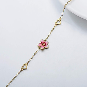 14K Solid Gold Cherry Blossoms Bracelet for Women,Yellow Gold Exquisite Heart Flower Anklet Bracelets,Anniversary Birthday Jewelry Gifts for Wife Mom 6.5''+1''+1''