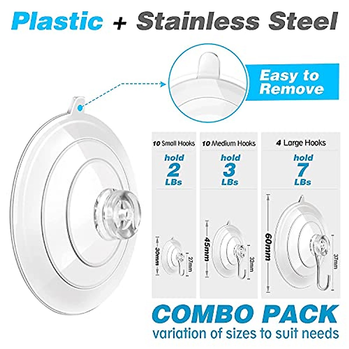 ETwinCoo 24 Pack All-Purpose Suction Cups Hooks Combo Set of Strongest Window Suction Cups with Hooks (4 Large, 10 Medium, 10 Small)