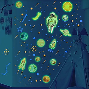 Hianjoo Glow in The Dark Stars for Ceiling, Solar System Wall Stickers, Rocket Astronaut Luminous Decal Shining Space Decoration for Nursery Bedroom Living Room for Boy and Girl