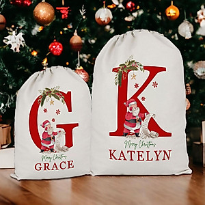 Personalized Santa Sack with Initial & Name for Kids Custom Christmas Gift Bags for Holiday Presents, Christmas Eve Box Large Sack Bags