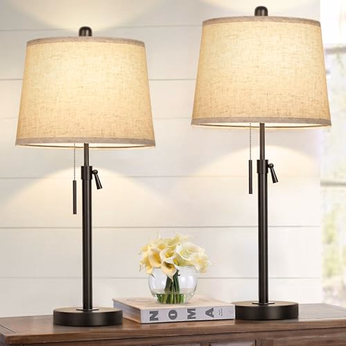 Table Lamps for Living Room Set of 2, Modern Bedside Lamps for Bedroom Height Adjustable Desk Lamp Dimmable Black Nightstand Lamps with Beige Lampshade, Pull Chain Table Lamp for Office Restaurant