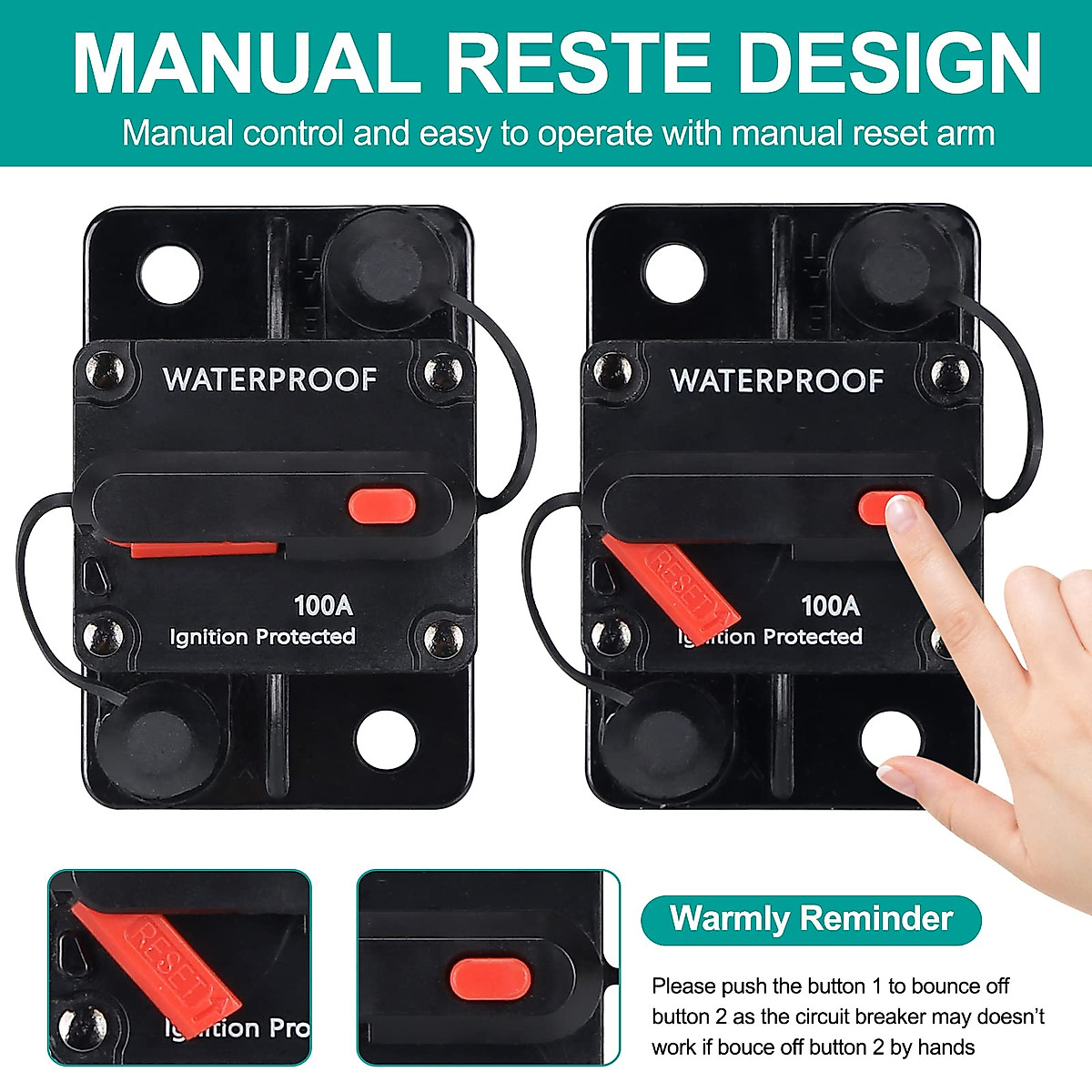 100 Amp Circuit Breaker,with Manual Reset,Waterproof, 12V-48V DC, 30-311A,for Car Marine Trolling Motors Boat ATV Manual Power Protect for Audio System Fuse