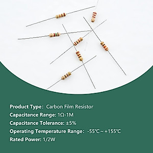 Uiusaur 500pcs 25 Value Carbon Film Resistors Assortment Kit 1 Ohm-1M Ohm with 5% 1/2W for Industrial Electrical and Arduino， TV, LCD Monitor, Radio, Stereo, Game, Refrigerator, Water Heater, etc.