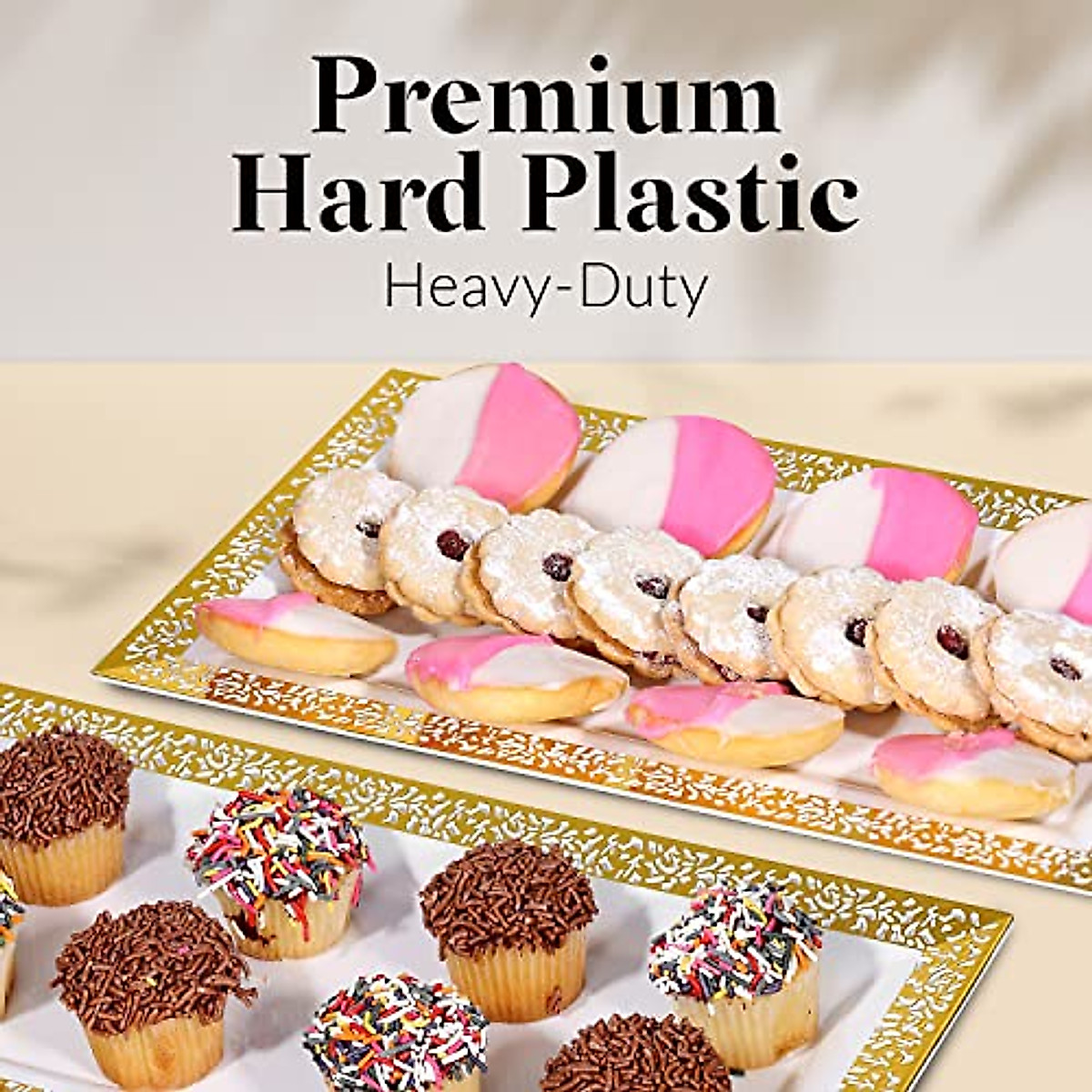 10-Pack Disposable Serving Trays - Decorative Plastic Serving Trays and Platters for Dessert Table, Buffet, Parties, Weddings, and Any Occasion - White with Gold Lace Rim, 7.5 x 14 Inches