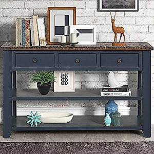 HomSof Console Table 48'' Solid Wood Modern Entryway Sofa Side Table with 3 Storage Drawers and 2 Shelves Blue
